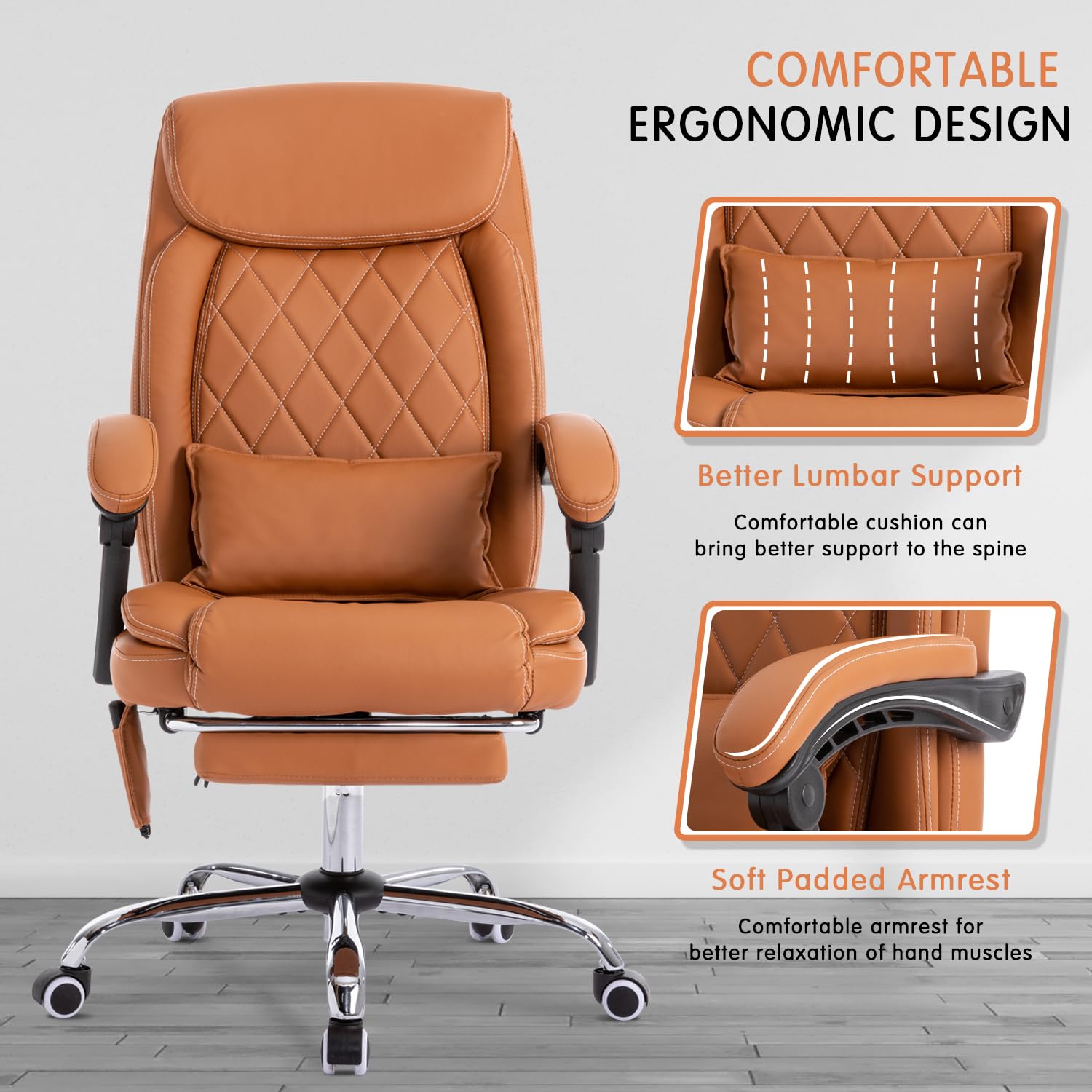 BOWTHY Executive Massage Office Chair with Heated,45°Reclining Ergonomic Chairs with Footrest,High Back Computer Desk Chairs with Wheels,Diamond-Stitched Cushion Brown Leather Office Chair