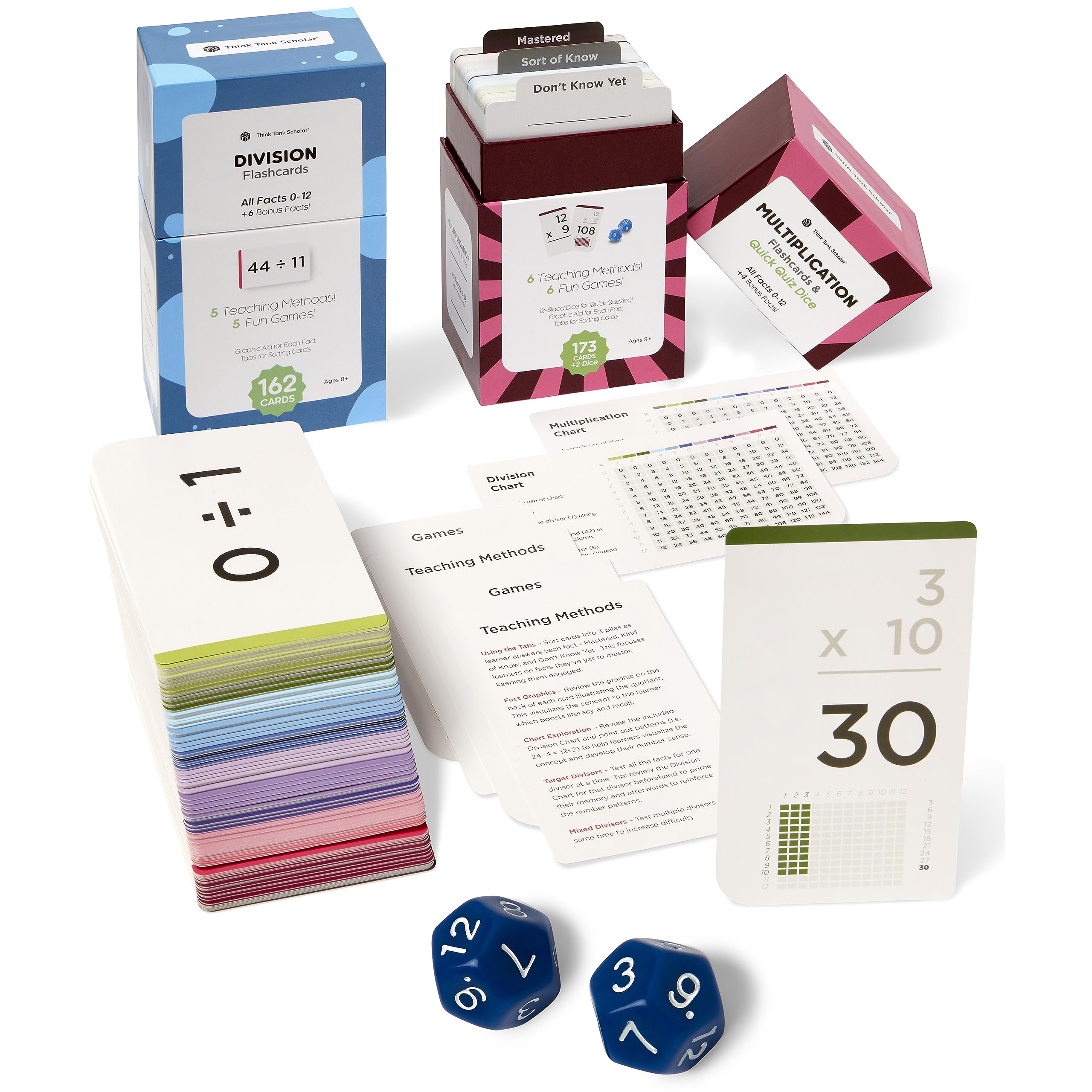 Think Tank Scholar 335 Multiplication & Division Flash Cards - 2 Math Dice (Award Winning) All Facts 0-12 Answer on Back, for Kids in 2ND, 3RD, 4TH, 5TH, 6TH Grade Class or Homeschool - Games & Charts