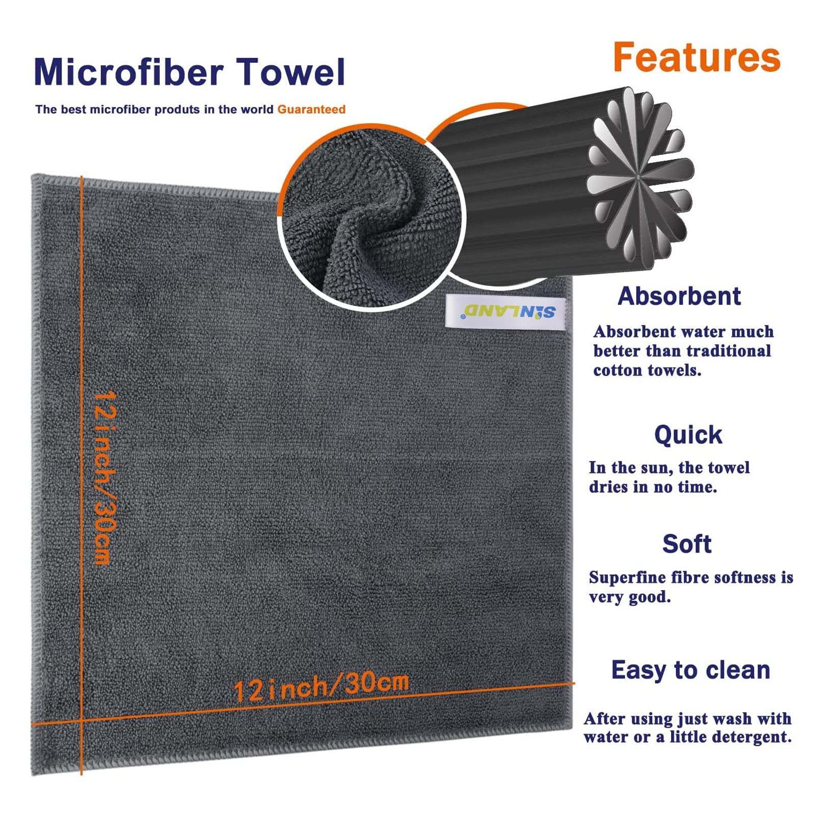 SINLAND Microfiber Cleaning Cloth Rag Super Absorbent Kitchen Dish Cloths Quick Dry No Streak Dish Rags Glass Cloths 12inchx12inch 12 Pack Grey