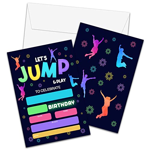 Trampoline Bounce House Birthday Party Invitation，Let'S Jump & Play Invitations With Envelopes(4" X 6"),Firework Background Teens Fill-In Birthday Party Personalized Invites For Boys & Girls-a09