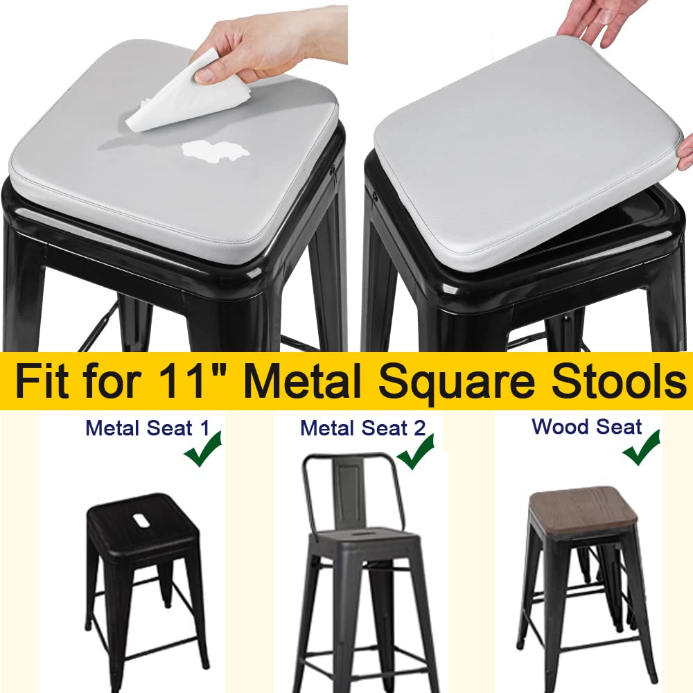 SINOSSO Modern Faux Leather Bar Stool Cushions 4 Pack, Leathaire Magnetic Small Chair Pads for Cafe Bistro Stackable Metal Stools (Square, Light Gray, 4)