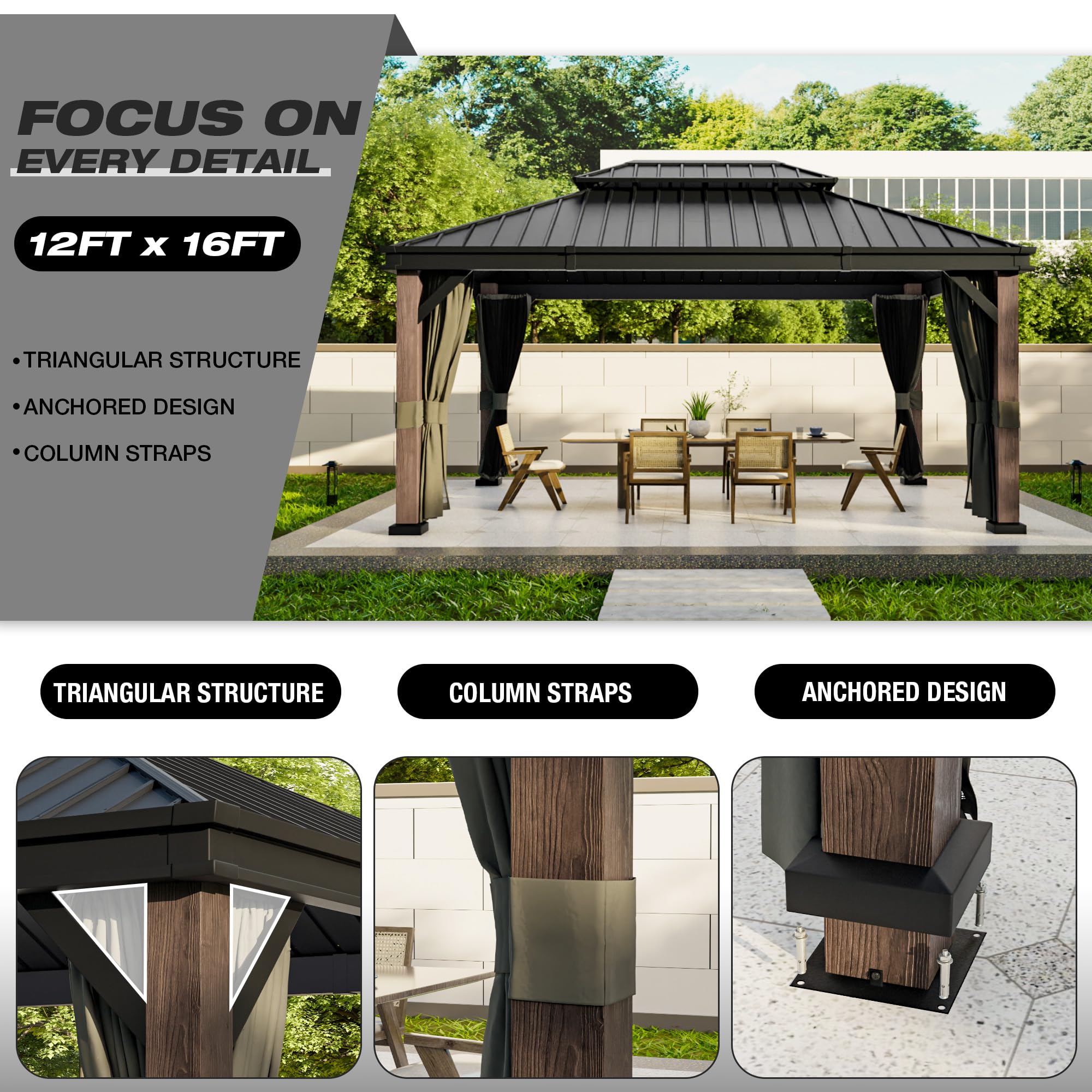 Joyside 12'x16' Hardtop Gazebo, Double Roof Galvanized Steel Canopy with Thermal Transfer Aluminum Frame Permanent Metal Pavilion with Netting and Curtains for Garden (Dark Brown Wood Grain)