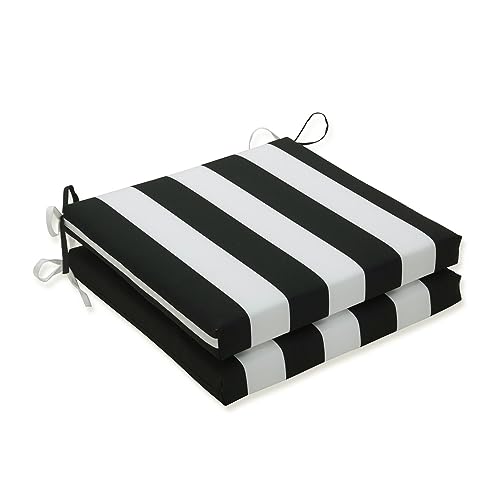 Pillow Perfect Stripe Indoor/Outdoor Square Corner Chair Seat Cushion with Ties, Plush Fiber Fill, Weather, and Fade Resistant, 20" x 20", Black/White Cabana Stripe, 2 Count