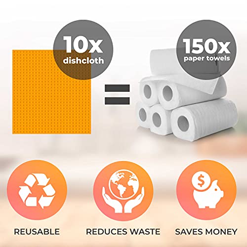 Mueller Ultra-Absorbent Reusable Swedish Dishcloth, Cellulose Sponge Cloths, Extra Durable 10-Pack Hand Towel, Eco-Friendly and Hypoallergenic Cleaning Dish Cloths for Kitchen, Orange