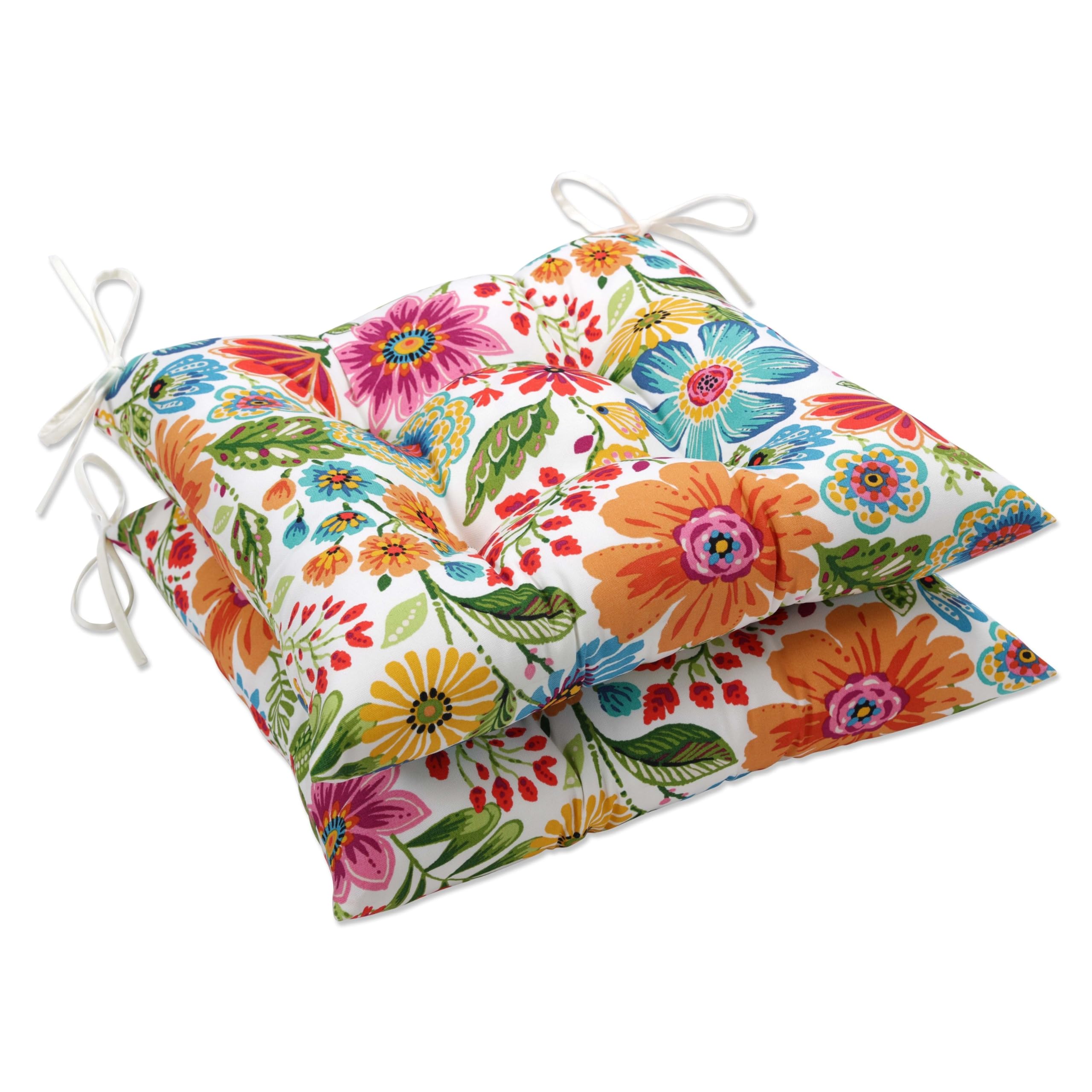 Pillow Perfect Bright Floral Indoor/Outdoor Chair Seat Cushion with Ties Tufted, Weather, and Fade Resistant, 18.5" x 19", Blue/Purple Gregoire 2 Count