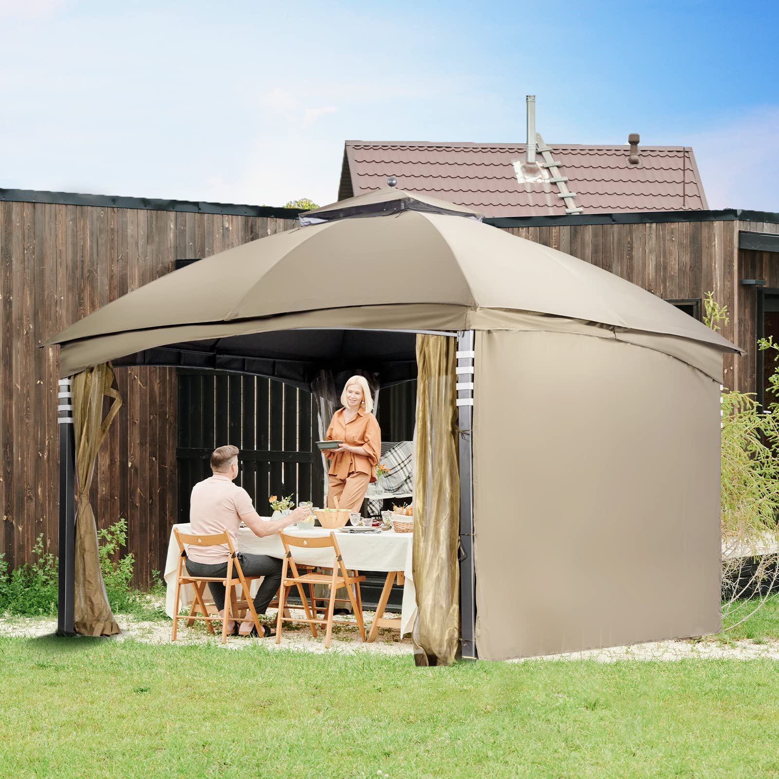 EasyLee 10x12 Gazebo Replacement Canopy, Double Teir Sunshade Polyester Soft Top Cover 10'x12' Gazebo #GF-12S004B-1(Beige)
