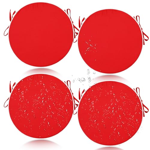 Kigley 4 Pcs 15 Inch Outdoor Round Bistro Chair Cushions Patio Bistro Round Foam Seat Cushion Round Chair Cushions with White Edge and Tie for Patio Bistro Garden (Red)