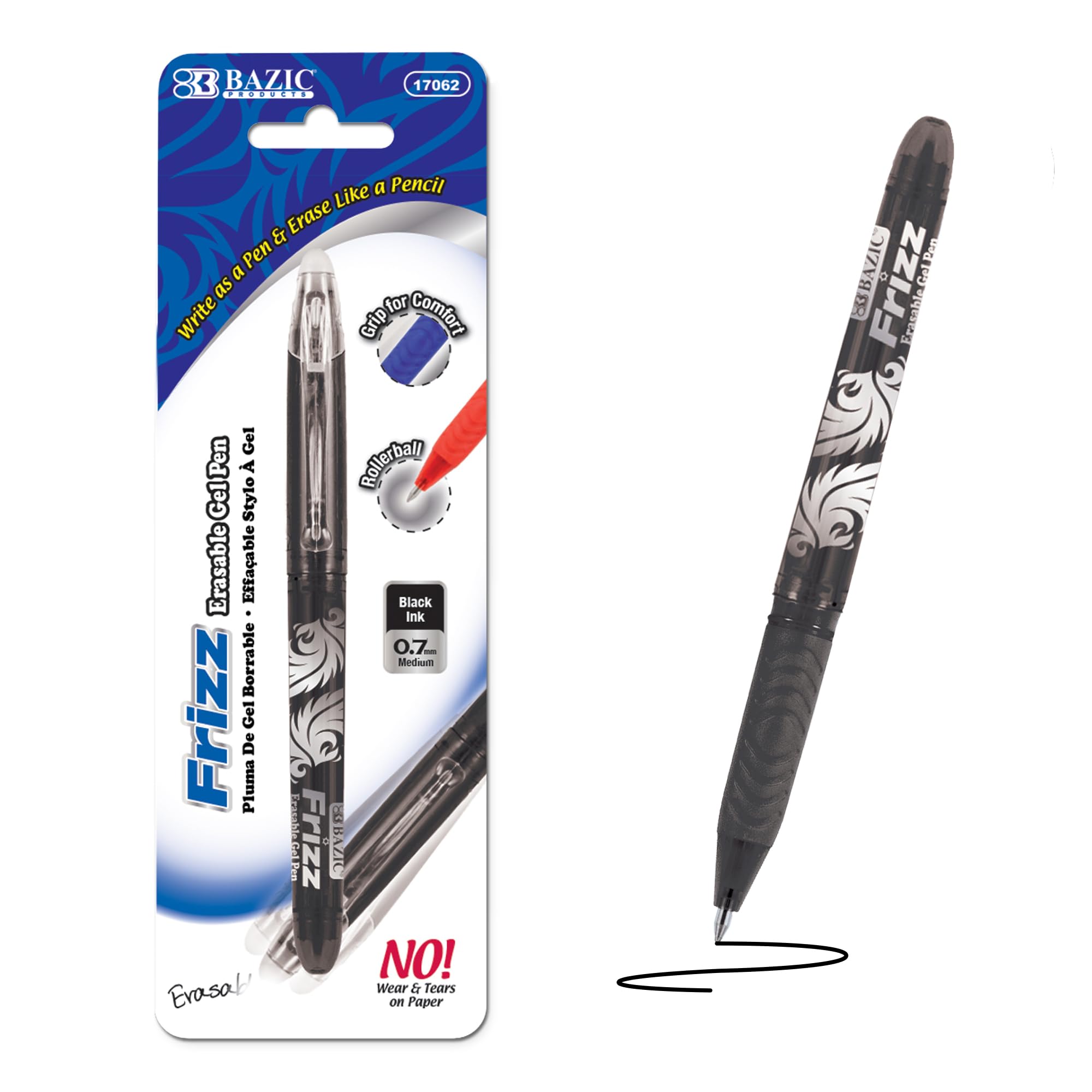 BAZIC Frizz Erasable Gel Pen 0.7mm Black Color, Fine Point Inks Pens Mistake Eraser, Smooth Drawing Writing for Gift Office School, 24-Pack