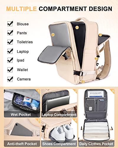 UPPACK Travel Backpack For Women Men Carry On Backpack Flight Approved Gym Bag With Shoe Compartment Hiking Waterproof Laptop Backpack College Essentials Beige…