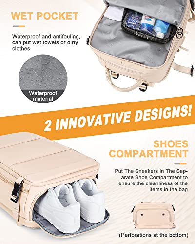 UPPACK Travel Backpack For Women Men Carry On Backpack Flight Approved Gym Bag With Shoe Compartment Hiking Waterproof Laptop Backpack College Essentials Beige…