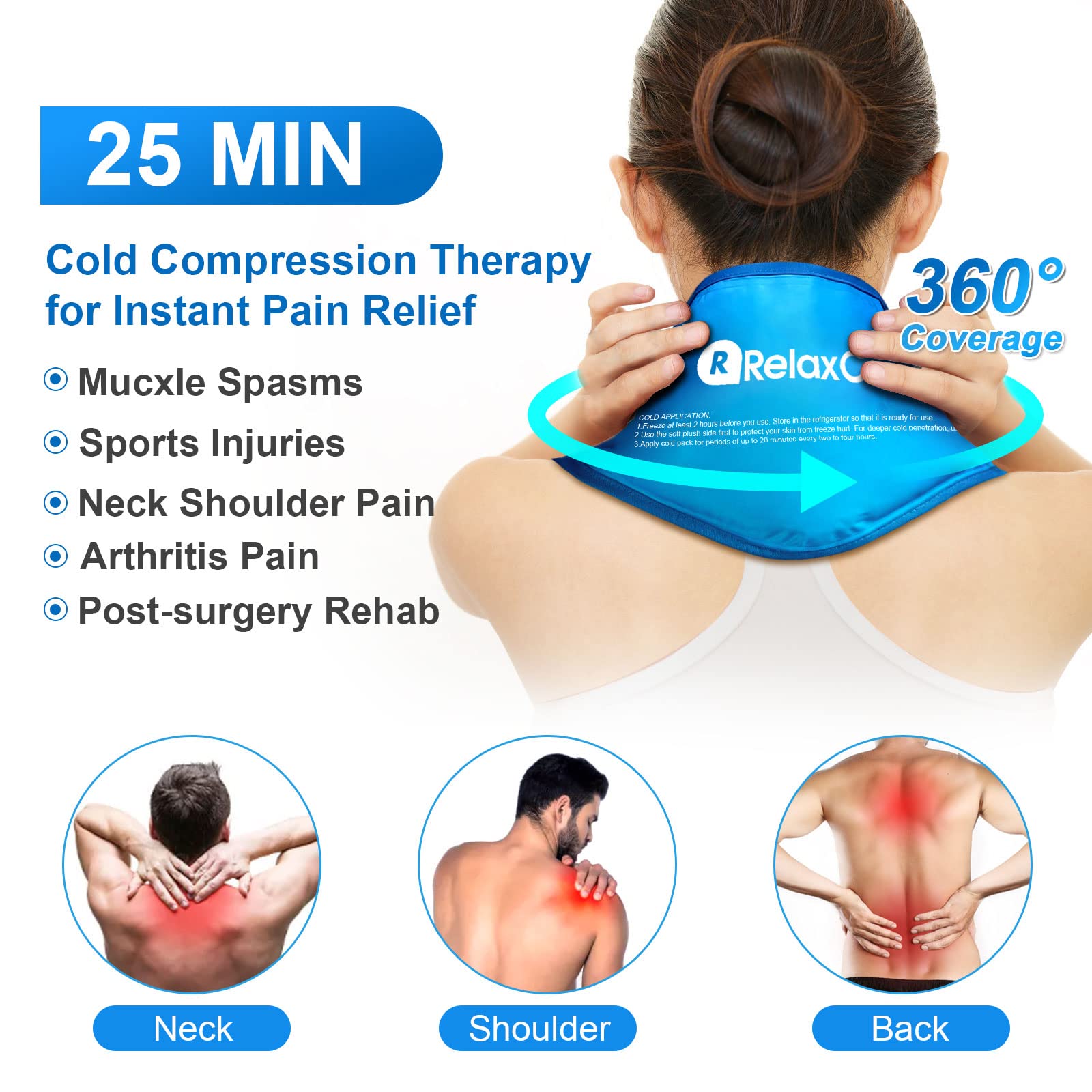 RelaxCoo Neck Ice Pack Wrap, Reusable Gel Ice Pack for Neck Shoulders, Cold Compress Therapy for Pain Relief, Injuries, Swelling, Bruises, Sprains, Inflammation and Cervical Surgery Recovery