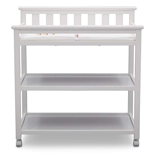 Delta Children Flat Top Changing Table with Wheels and Changing Pad - Greenguard Gold Certified, Bianca White