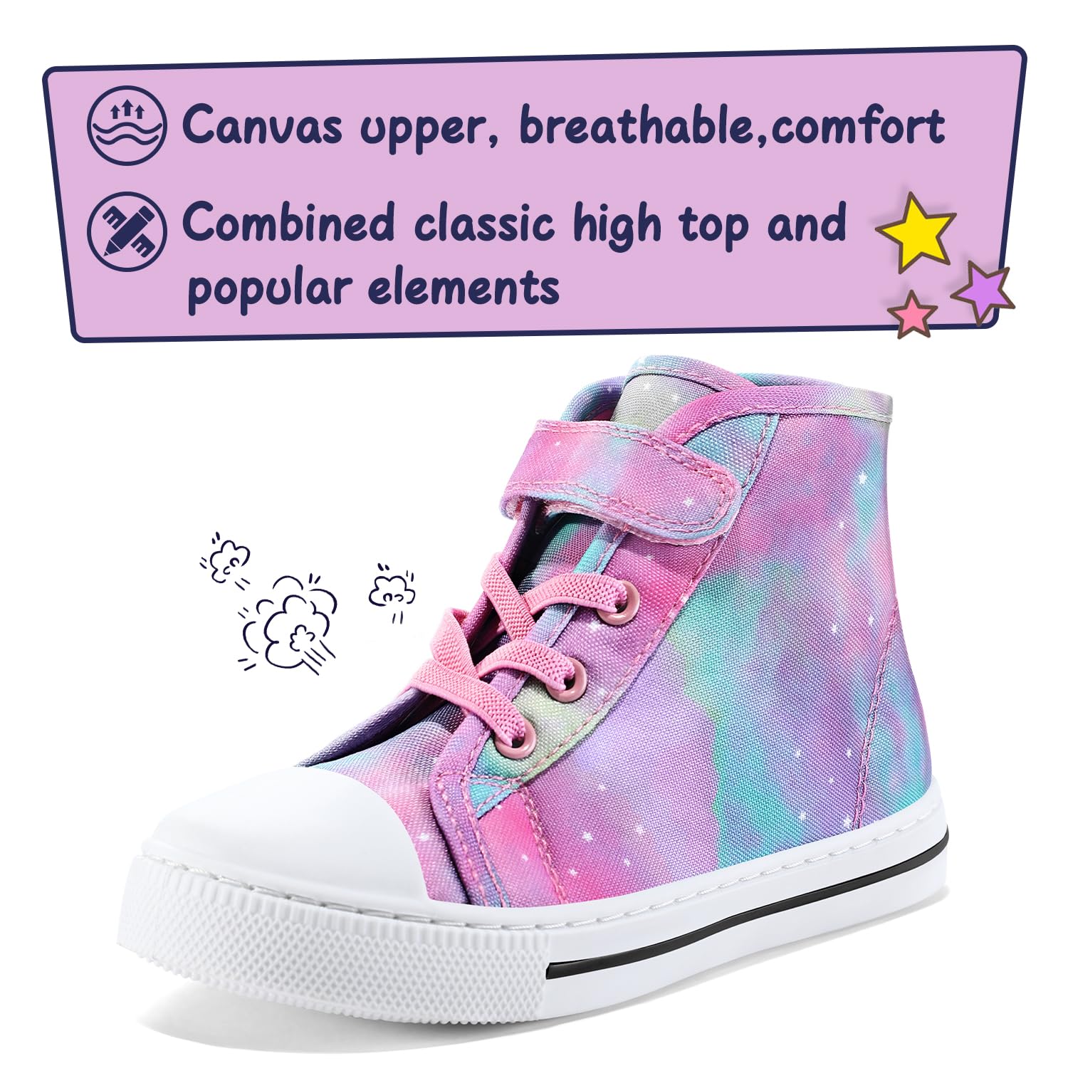 K KomForme Toddler Sneakers Girls Canvas High Top Walking Shoes with Hook and Loops Colorful