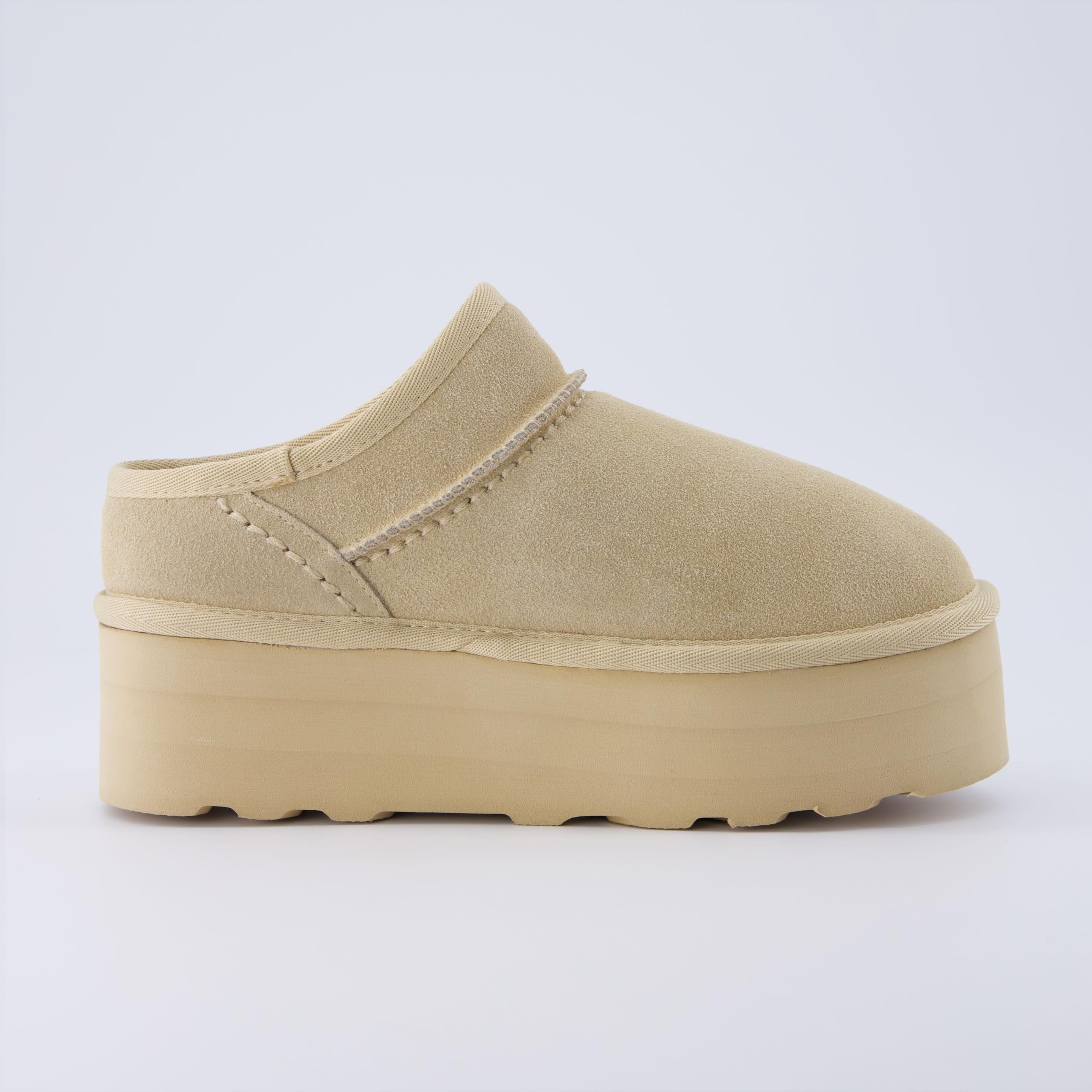 CUSHIONAIRE Women's Huggy Genuine Suede Cozy Mule Platform +Memory Foam, Wide Widths Available, Sand 7.5