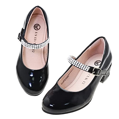 LseLom Girls Dress Shoes with Rhinestone Mary Janes for Girls Hook and Loop Party Sparkly Heels Shoes Black Big Kid 2