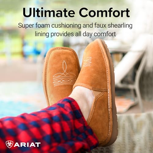 ARIAT Men's Square Toe Indoor & Outdoor Rubber Bottom Lasso Suede Slippers, Chestnut, 13