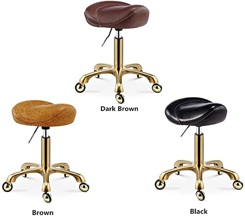 Bar Stool Adjustable Swivel Lift Saddle Stool Beauty Barber Shop Manicure Work Chair with Gold Stainless Steel Base Rolling Dining Chair Desk Office Chair for Kitchen Salon,Dark brown