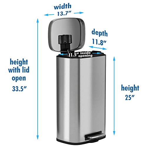 iTouchless SoftStep 8 Gallon Step Trash Can with Odor Control System & Removable Inner Bucket, Stainless Steel 30 Liter Pedal Garbage Bin for Office, Home and Kitchen