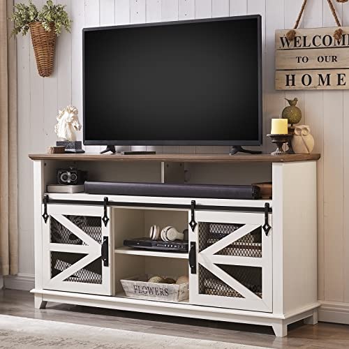 OKD Farmhouse TV Stand for 65+ Inch TV, Industrial & Farmhouse Media Entertainment Center w/Sliding Barn Door, Rustic TV Console Cabinet w/Adjustable Shelves for Living Room, Antique White