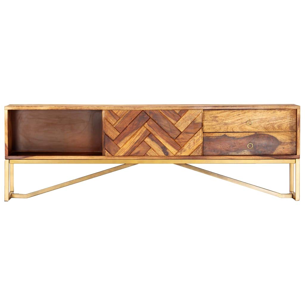 Mid-Century Modern TV Stand 2 Drawers Media Storage Cabinet Shelves Large Lowboard Sideboard Vintage Retro Console Unit Metal Legs Industrial Style Solid Wood, Multi
