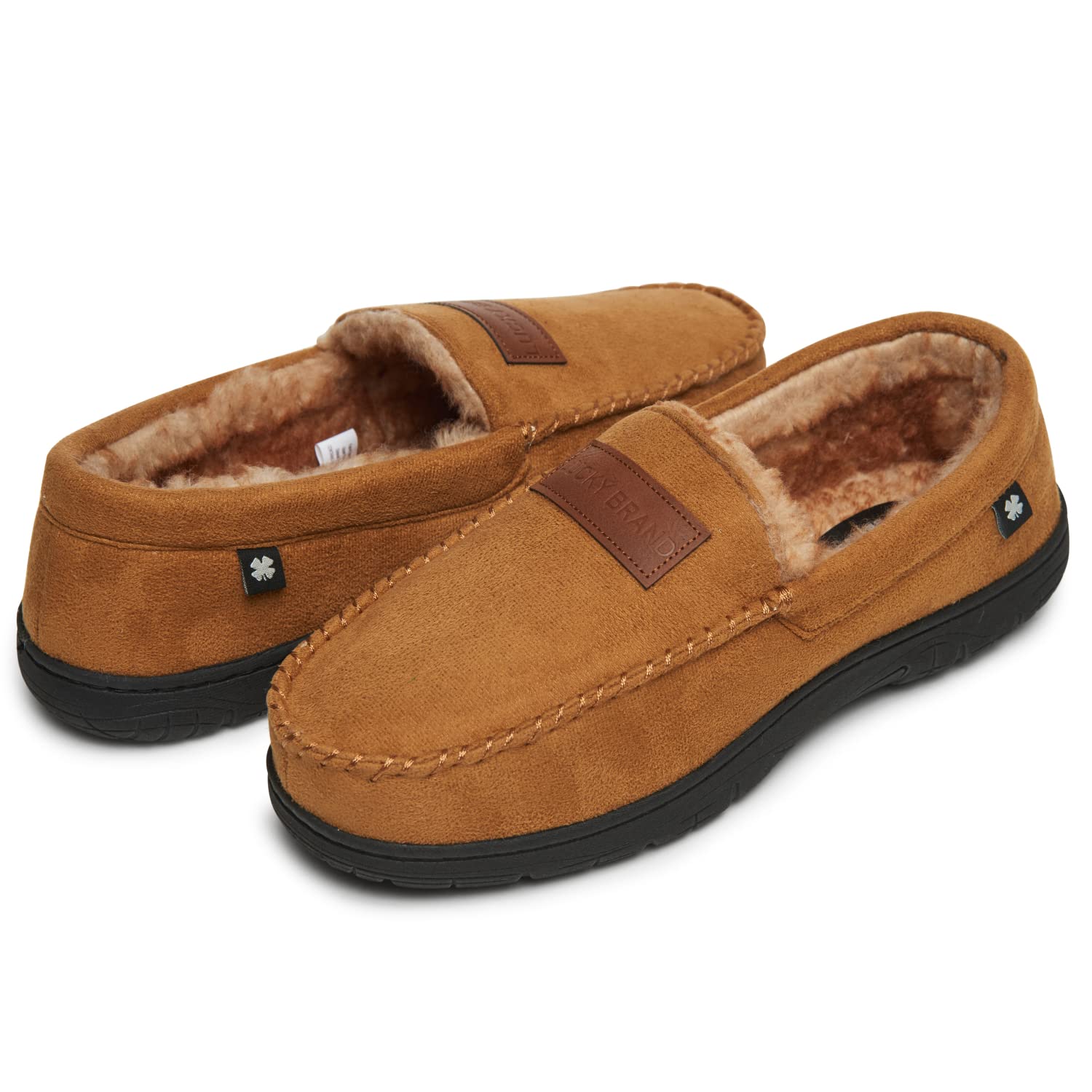 Lucky Brand Micro Suede Moccasin Slippers for Men with Faux Fur Lining, Tan, M