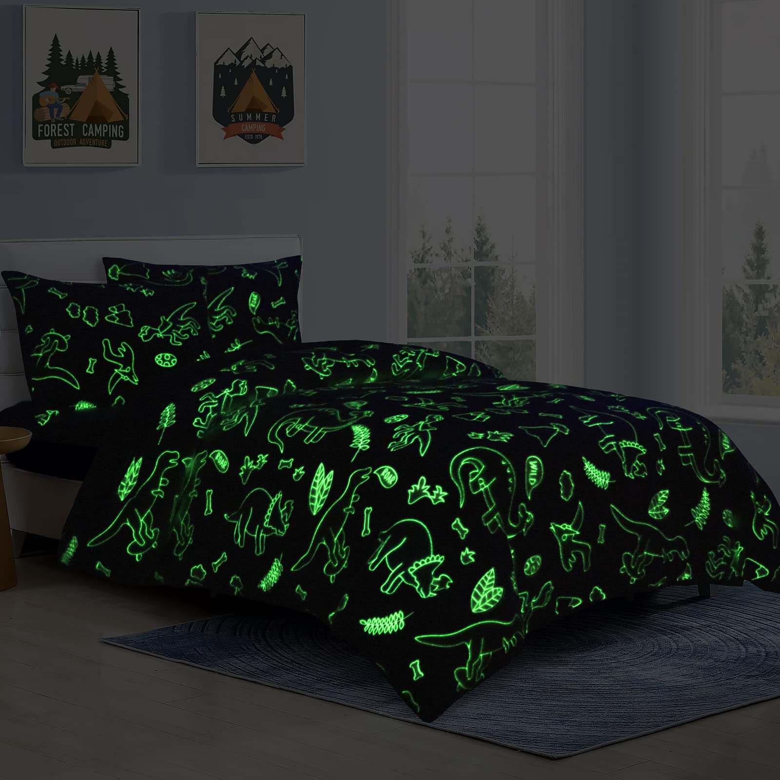 HOMBYS Glow in The Dark Comforter Set 7 Piece Full with Sheets, Blue Dinosaur Velvet Bedding Comforter Sets for Twin Bed, Ultra Soft Down Alternative Comforter for Boys Kids, Bed in a Bag