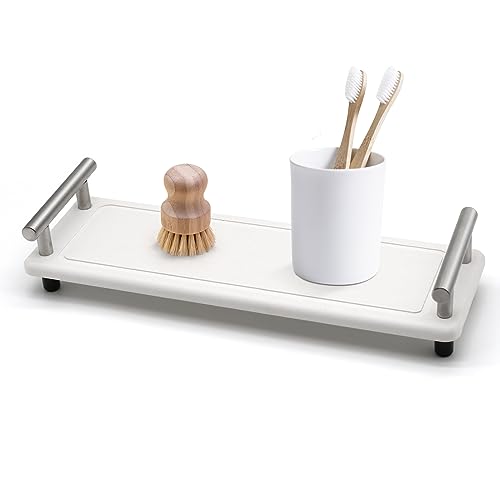 Water Absorbing Stone Tray for Sink, Diatomaceous Earth Fast Drying Stone Sink Caddy Tray for Bathroom Kitchen -White