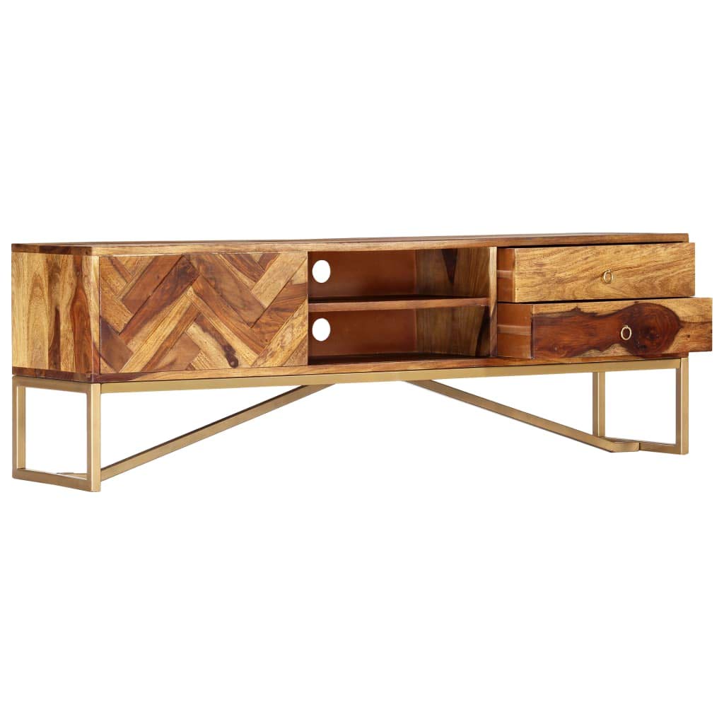Mid-Century Modern TV Stand 2 Drawers Media Storage Cabinet Shelves Large Lowboard Sideboard Vintage Retro Console Unit Metal Legs Industrial Style Solid Wood, Multi