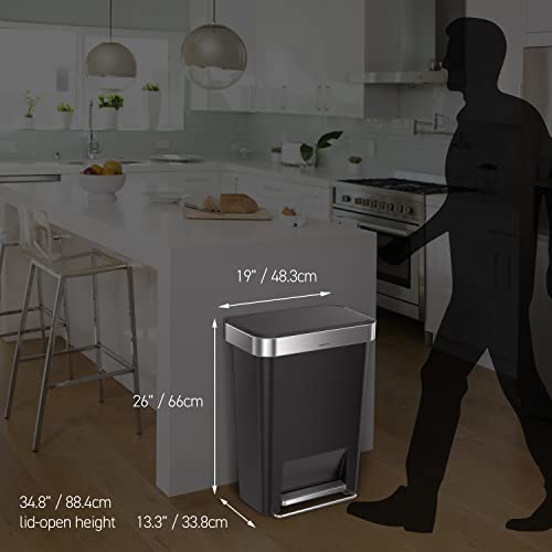 simplehuman 45 Liter / 12 Gallon Rectangular Kitchen Step Trash Can with Soft-Close Lid, Black Plastic