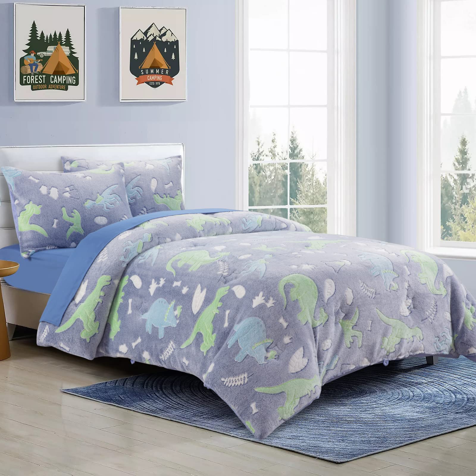 HOMBYS Glow in The Dark Comforter Set 7 Piece Full with Sheets, Blue Dinosaur Velvet Bedding Comforter Sets for Twin Bed, Ultra Soft Down Alternative Comforter for Boys Kids, Bed in a Bag