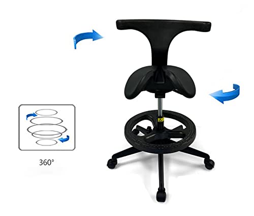 MIWOOYY Saddle Stool Massage Saddle Stool with Foot Rest & Back Support, Spa Swivel Adjustable Rolling Facial Salon Chair with Wheels, Supports 200 Kg/ 440 Lbs