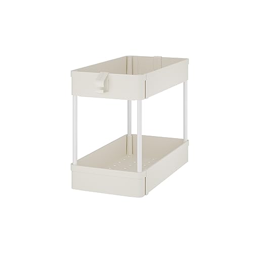 Boeeoan Under Sink Organizers Storage Rack, 2 Tier Under Bathroom Cabinet Shelf Basket, Multi-Purpose Storage Cart with Hooks for Kitchen Bathroom Bedroom Livingroom, White