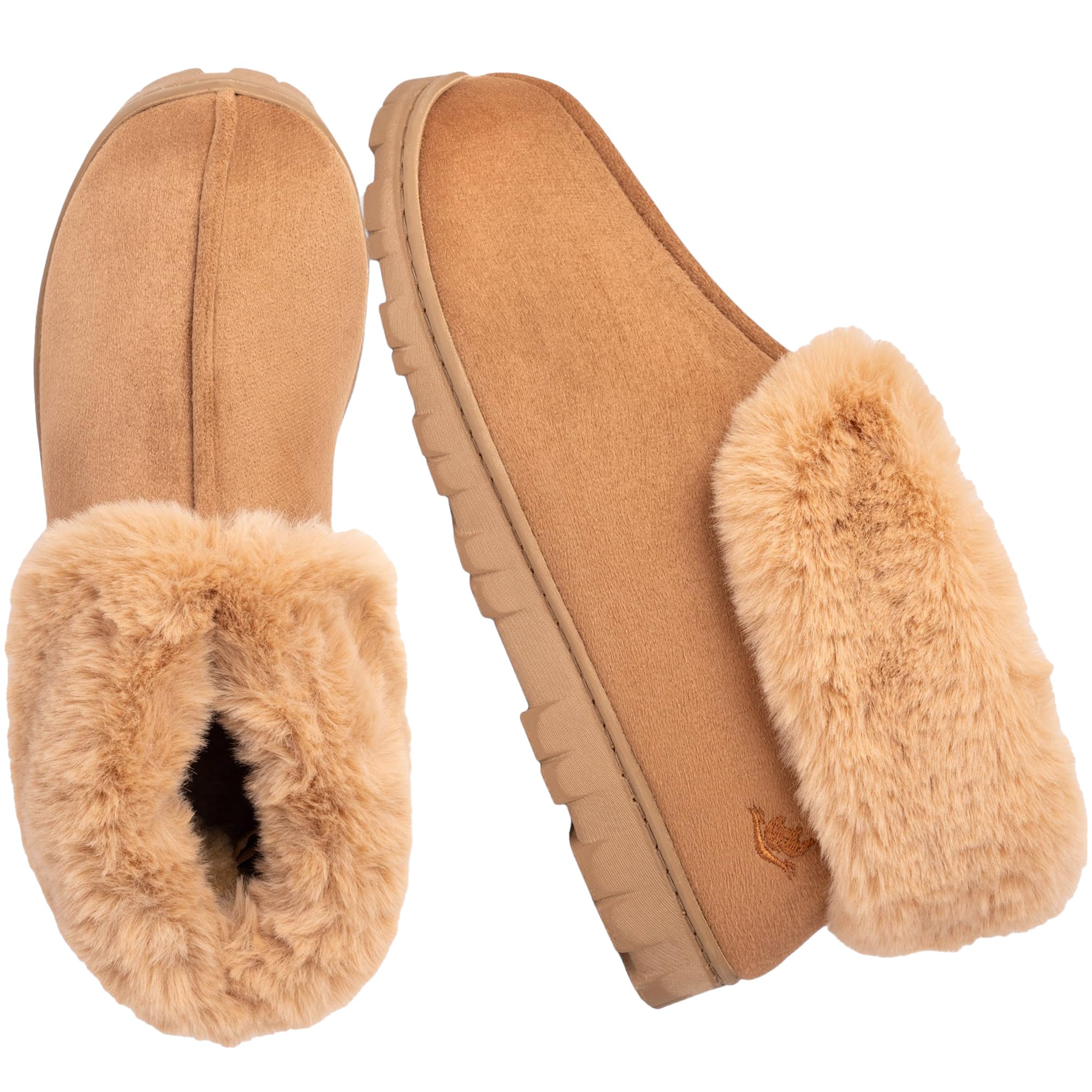 EUROPEAN SOFTEST Women's Micro Suede Faux Fur Fleece Lined Cozy 80-D High-Density Memory Foam Winter Slipper Bootie Breathable House Shoes with Non Skid Indoor Outdoor Sole (5-6, Camel)