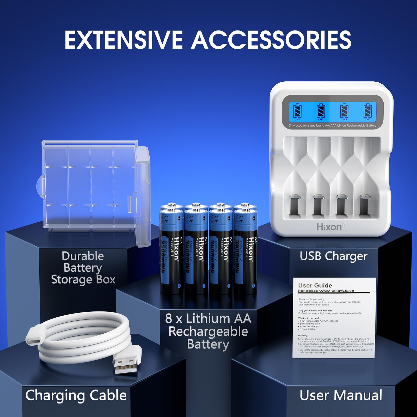 Hixon Rechargeable AA Batteries and LCD Charger,8x3500mWh Rechargeable AA Lithium 1.5V Batteries,Constant Output,Max 3A Current,1600Cycles,Fits for Blink Camera VR/Xbox Gaming Controller.