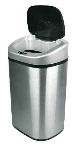 NINESTARS Automatic Touchless Infrared Motion Sensor Trash Can with Stainless Steel Base & Oval, Silver/Black Lid, 21 Gal