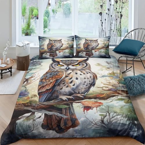 MEFESE Watercolor Owl Theme 3D Bedding Duvet Cover Set Cute Colorful Decorations 3 Piece (1 Duvet Cover+2 Pillowcase) for Teen Boys Girls Sports Microfiber Bedding Quilt Twin(173x218cm)