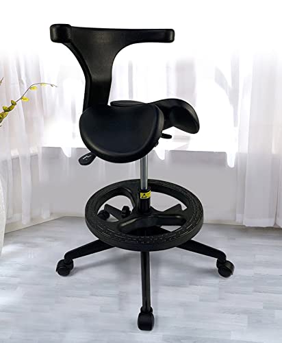 MIWOOYY Saddle Stool Massage Saddle Stool with Foot Rest & Back Support, Spa Swivel Adjustable Rolling Facial Salon Chair with Wheels, Supports 200 Kg/ 440 Lbs