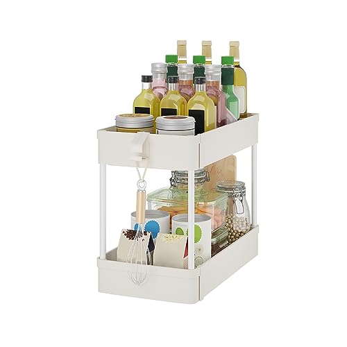 Boeeoan Under Sink Organizers Storage Rack, 2 Tier Under Bathroom Cabinet Shelf Basket, Multi-Purpose Storage Cart with Hooks for Kitchen Bathroom Bedroom Livingroom, White