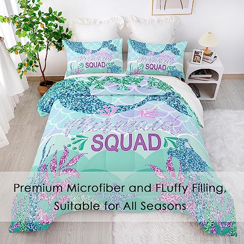 KTAbedding Mermaid Tail Comforter Sets Twin size Bedding Sets for Girls Teens Kids Teal,Easy Care,Cozy Lightweight,1 Comforter&2 Pillowcases Bed-in-a-Bag 3 pieces