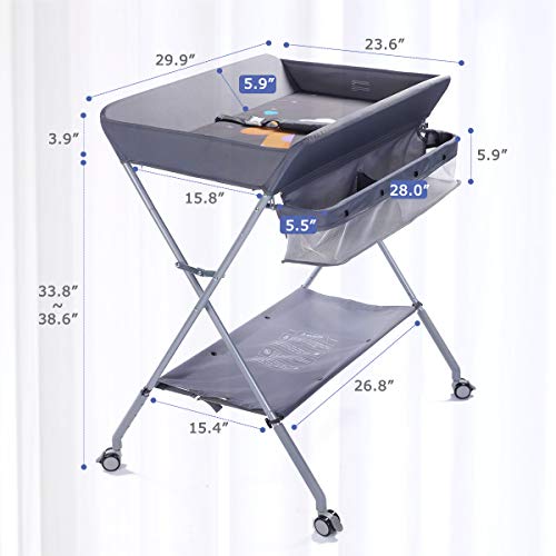 EGREE Baby Changing Table Portable Folding Diaper Changing Station with Wheels, Adjustable Height Mobile Nursery Organizer with Safety Belt and Large Storage Racks for Newborn Baby and Infant, Gray