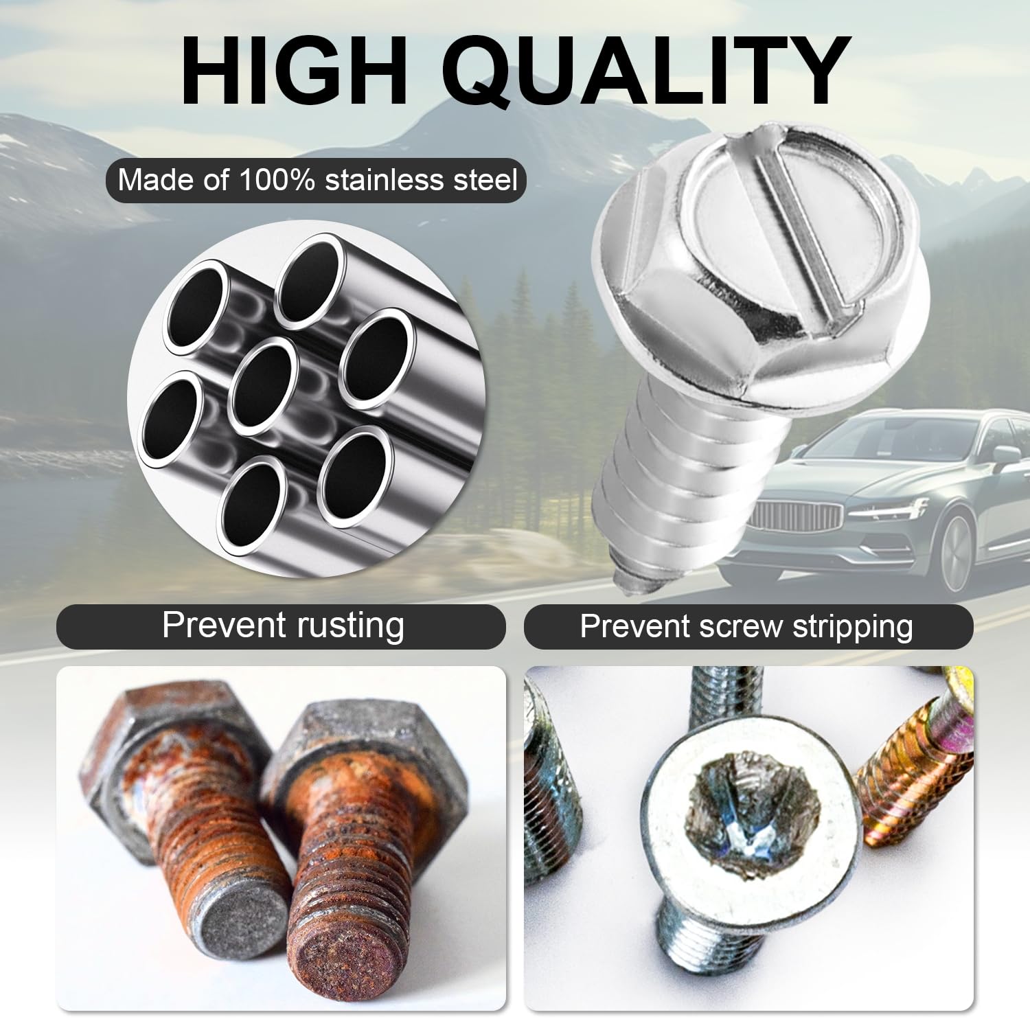 LivTee Rustproof License Plate Screws for Securing License Plates Frames and Covers on Cars and Trucks, 4 Sets Premium Stainless Steel Self Tapping Mounting Bolts, Silver