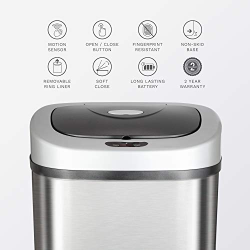 NINESTARS Automatic Touchless Infrared Motion Sensor Trash Can with Stainless Steel Base & Oval, Silver/Black Lid, 21 Gal