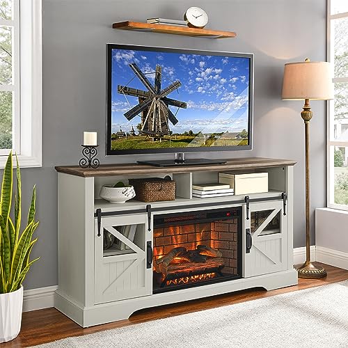 KELRIA Fireplace Stand for 60 Inch TVs, Rustic Entertainment Center w/26 Electricfireplaces Sensor, Wood Media Console Cabinet with Sliding Barn Door & Open Shelf, for Living Room, Jasmine White