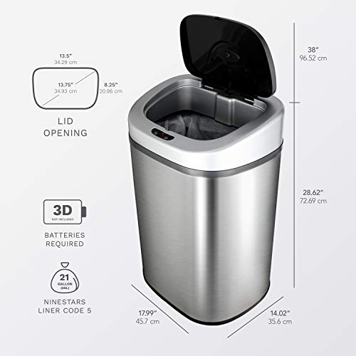 NINESTARS Automatic Touchless Infrared Motion Sensor Trash Can with Stainless Steel Base & Oval, Silver/Black Lid, 21 Gal