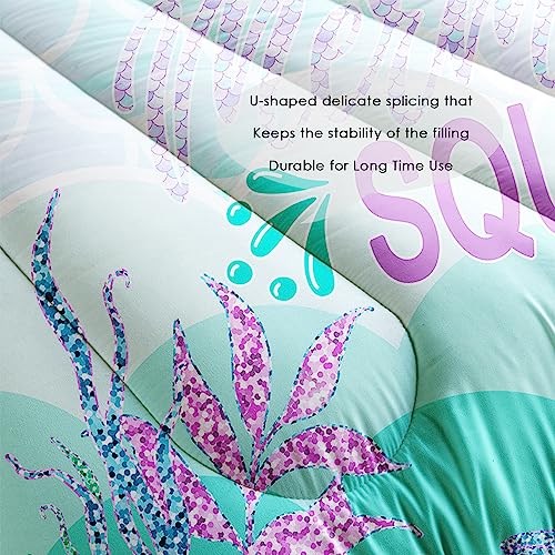 KTAbedding Mermaid Tail Comforter Sets Twin size Bedding Sets for Girls Teens Kids Teal,Easy Care,Cozy Lightweight,1 Comforter&2 Pillowcases Bed-in-a-Bag 3 pieces
