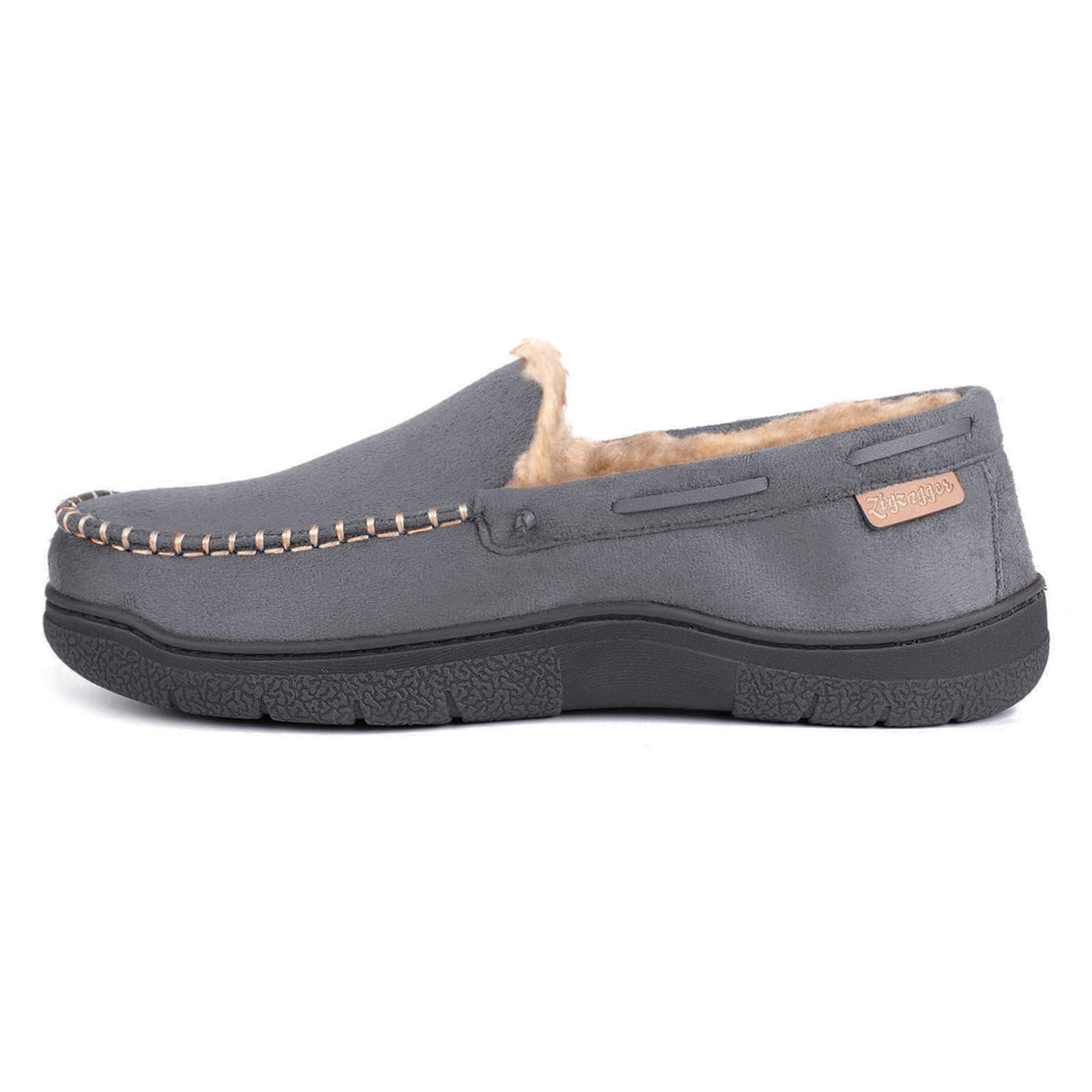 Zigzagger Men's Moccasin Slippers Memory Foam House Shoes, Indoor and Outdoor Warm Loafer Slippers, Grey, 12 M US