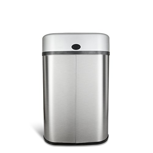 NINESTARS Automatic Touchless Infrared Motion Sensor Trash Can with Stainless Steel Base & Oval, Silver/Black Lid, 21 Gal