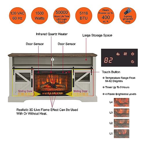 KELRIA Fireplace Stand for 60 Inch TVs, Rustic Entertainment Center w/26 Electricfireplaces Sensor, Wood Media Console Cabinet with Sliding Barn Door & Open Shelf, for Living Room, Jasmine White