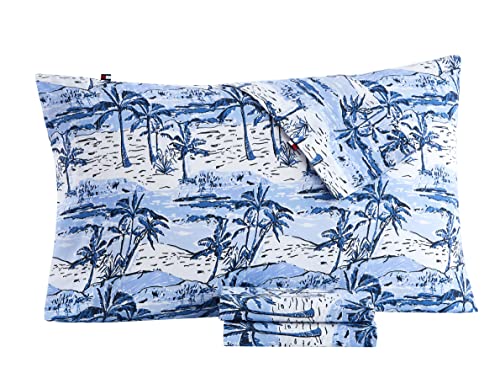 Tommy Hilfiger Palm Scene Printed Set of 3 Sheet Set - 1 Flat Sheet, 1 Fitted Sheet & 1 Pillowcase, Twin/TXL Size, Cotton (Blue)