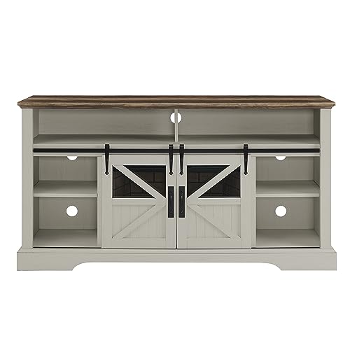 KELRIA Fireplace Stand for 60 Inch TVs, Rustic Entertainment Center w/26 Electricfireplaces Sensor, Wood Media Console Cabinet with Sliding Barn Door & Open Shelf, for Living Room, Jasmine White